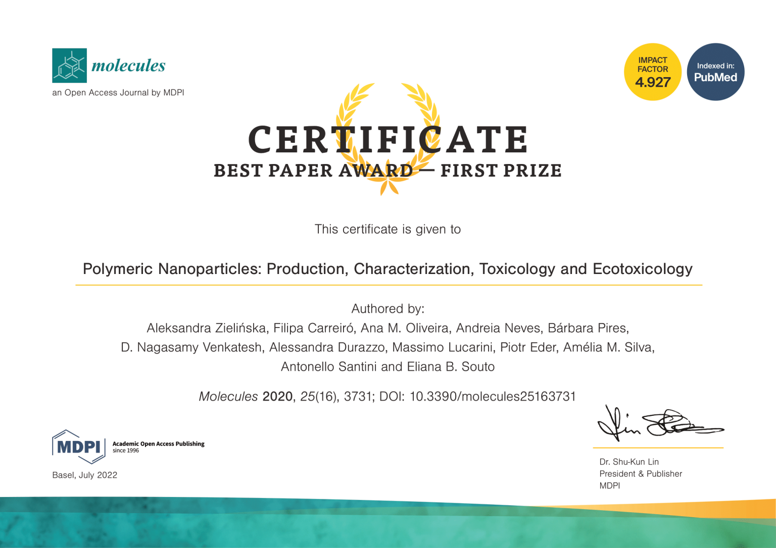 Pierwsza Nagroda w konkursie za najlepszą publikację „Molecules 2020 ...